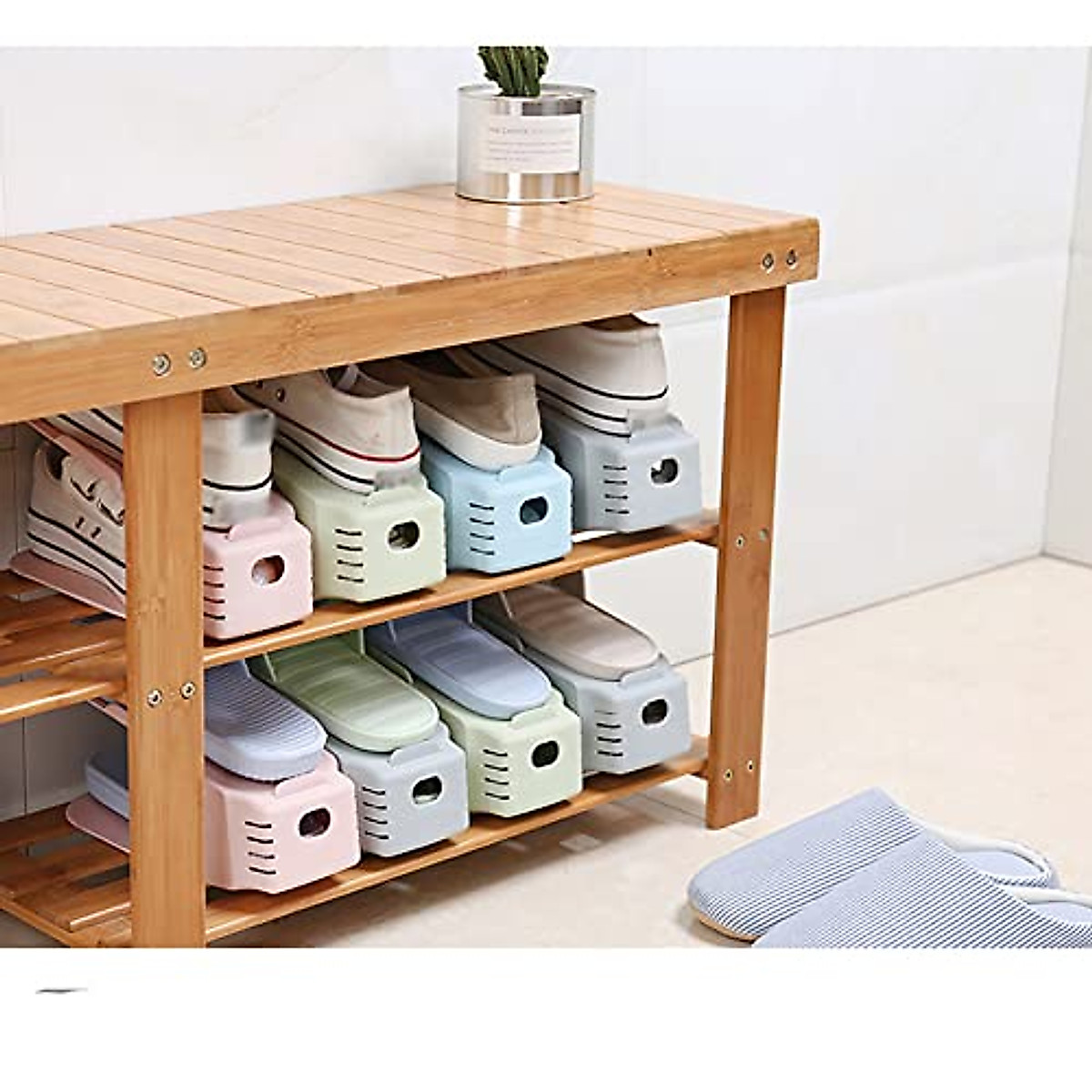 ZANBANG Thicking Shoe Slots Organizer,6 Pack Adjustable Shoe Stacker for Closet Organization with 3 Level ZML-285 (Blue)