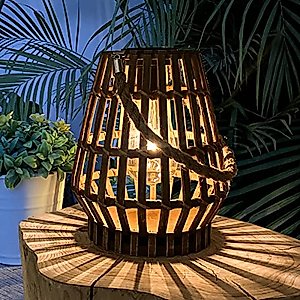 Outdoor Solar Lanterns Hanging - Bamboo Table Light Decorative Landscape Lamp Rattan Natural Lantern Rustic Woven Lantern with Edison Bulb for Indoor Tabletop Patio Garden Pathway Yard Wedding