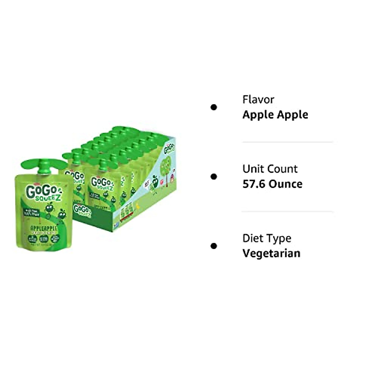 GoGo squeeZ Fruit on the Go, Apple Apple, 3.2 oz (Pack of 18), Unsweetened Fruit Snacks for Kids, Gluten Free, Nut and Dairy Free, Recloseable Cap, BPA Free Pouches