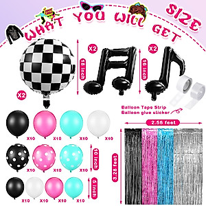 Jecery 122 Pcs 50's Music Theme Birthday Party Decorations Karaoke Rose Red Blue Black Tinsel Curtains Music Note Balloons Karaoke Music Party Supplies Photo Backdrop