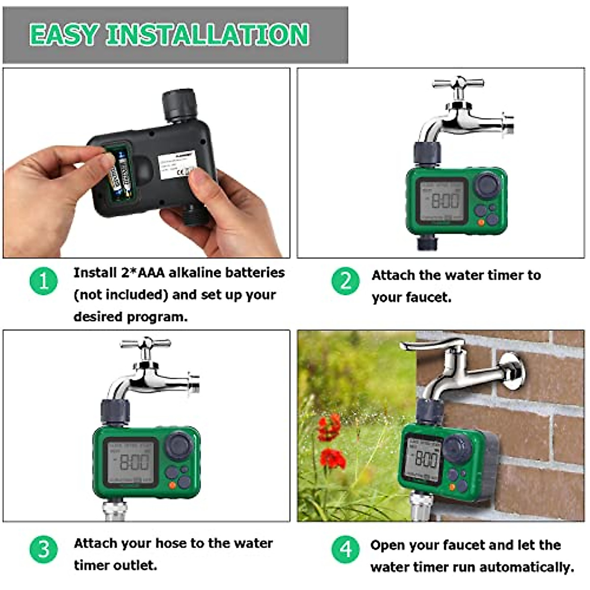 Sprinkler Timer with 4 Individual Programs, Digital Water Hose Timer with Automatic & Manual Mode, Ideal for Outdoor Garden Faucet, Drip Irrigation System, Yard Lawn Watering, Single Outlet