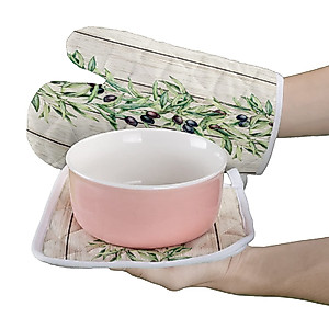 Oven Mitts, Retro Farmhouse Anti-Skid Cooking Gloves for BBQ, Microwave, Baking, Grilling, Thermal insulation Hot Pads Potholders for Handling Hot Cookware Green Leaves and Olives Wooden Grain