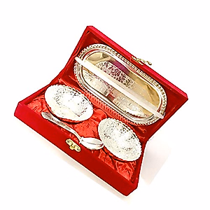 DBY Tradenet Dry Fruit Box Silver Color Plated Brass 2 Bowl 2 Spoon and 1 Tray Set Tray Sweet Mukhwas Supari Candy Chocolate Box Multipurpose Dry Fruit set Serving Tray