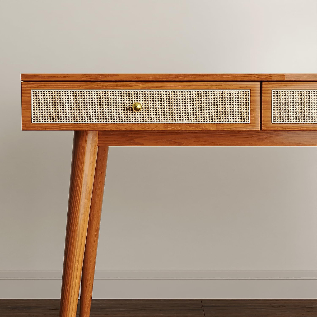 Longcoam Design Mid-Century Modern Solid Wood Desk with Drawers – 45 inch Small Boho Rattan Writing Desk for Home Office, Minimalist Design Natural Wood Legs Table for Workspace Elegance