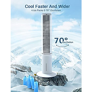 Evaporative Air Cooler - HiFresh 42-In Bladeless Tower Fan w/4 Ice Packs & Water Tank, 3 Speeds & Cooling Mode 600CFM Swamp Cooler, 70°Oscillation, 12-H Timer Remote Control for Large Room/Home/Office