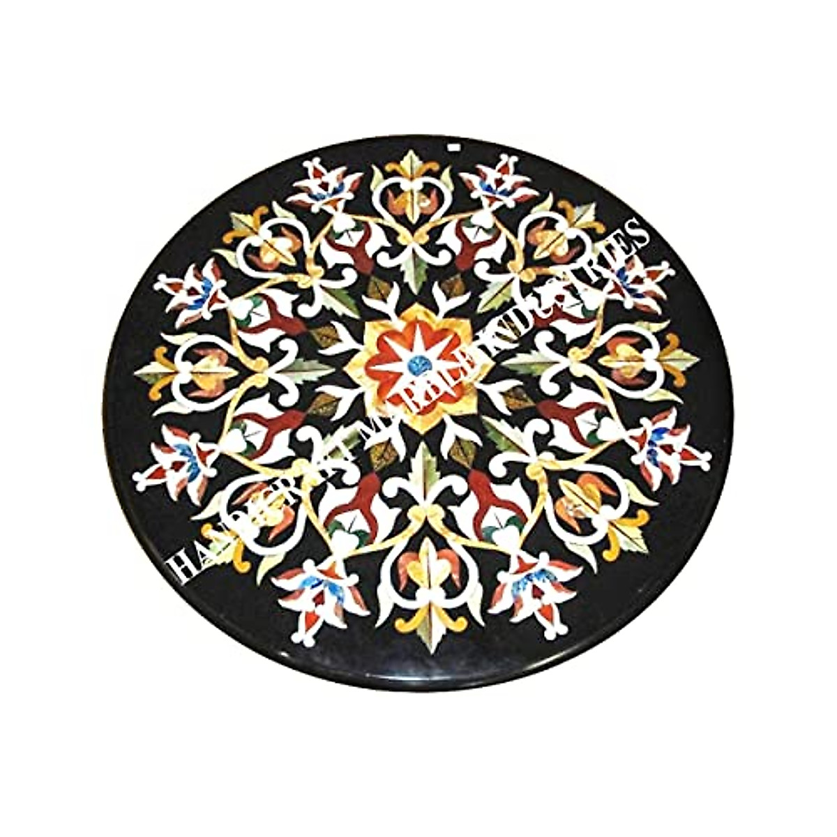 Black Marble Inlay Coffee Table Top, Pietra Dura Dining Table Top, Stone Inlaid Wall Decor, Centre Piece, Piece Of Conversation