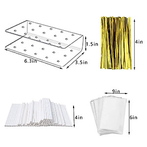 KKOBHO 2 Pack Acrylic Lollipop Holder Cake Pop Stand 100PCS Clear Treats Bags 100PCS Lollipop Sticks and 100PCS Gold Metallic Twist Ties for Candy Cake Pop Sticks Making Tools (2)