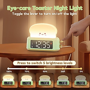 Kids Alarm Clock, Digital Alarm Clock for Bedrooms, Cute Toast Night Light, Timer, Snooze, Adjustable Brightness, Small Bedside Clock for Kids Girls Boys Teens Birthday Room Decor