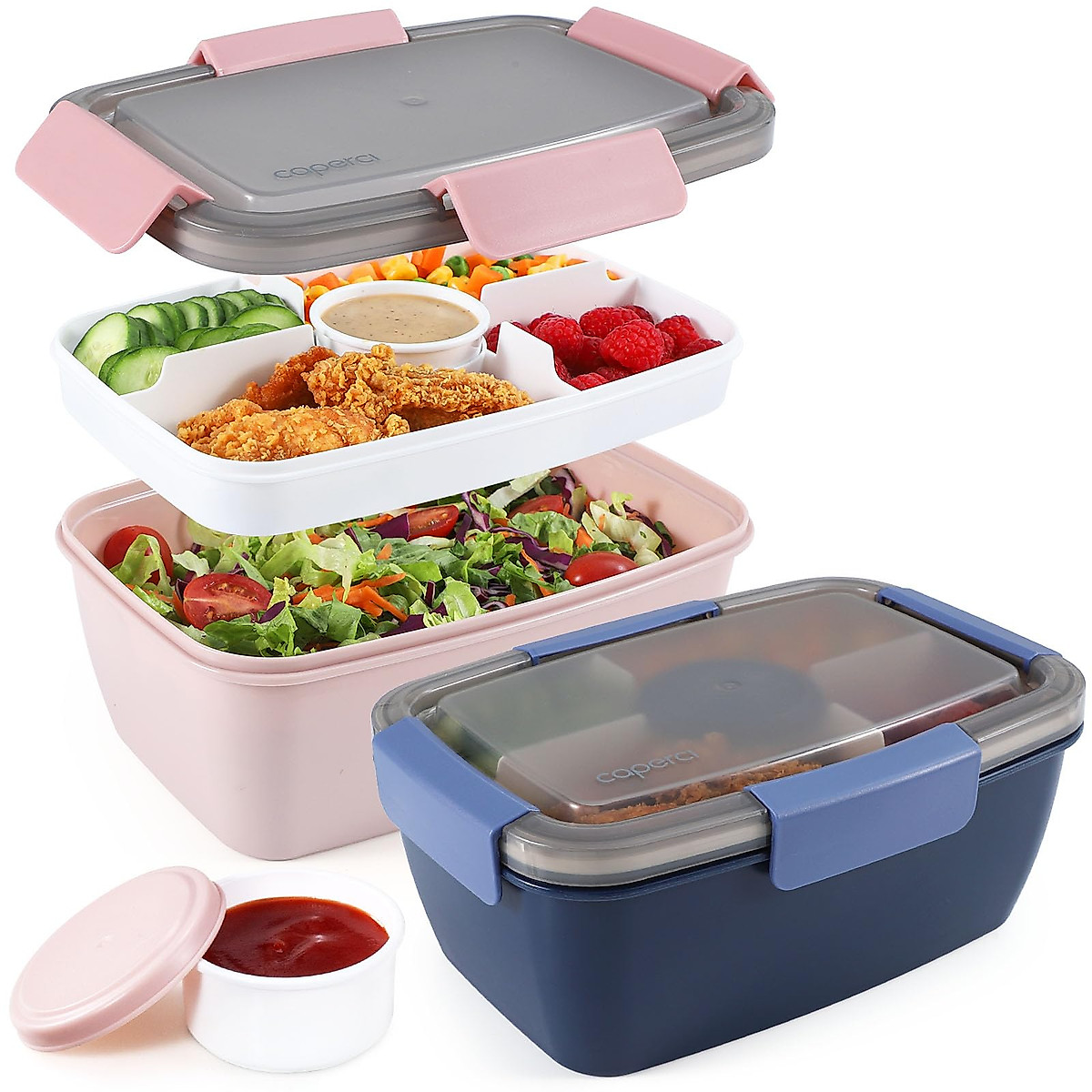 Caperci 2 Pack Large Salad Container for Lunch - 68 oz Salad Bowls To Go, Leakproof Bento Box Adult with 5 Compartments Tray, 4pcs 3-oz Sauce Cups, Reusable Spork & BPA-Free (Navy & Pink)