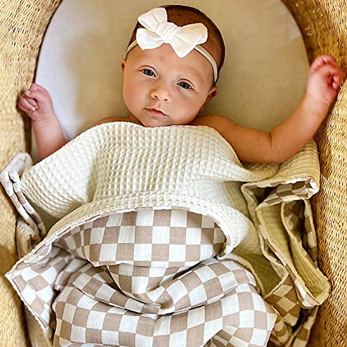 LifeTree Waffle Baby Blankets Neutral, Muslin Checkered Swaddle Blankets for Boys Girls, 2 Layers Crib Stroller Blanket Receiving Blankets with Muslin Front and Waffle Backing Infant Newborn