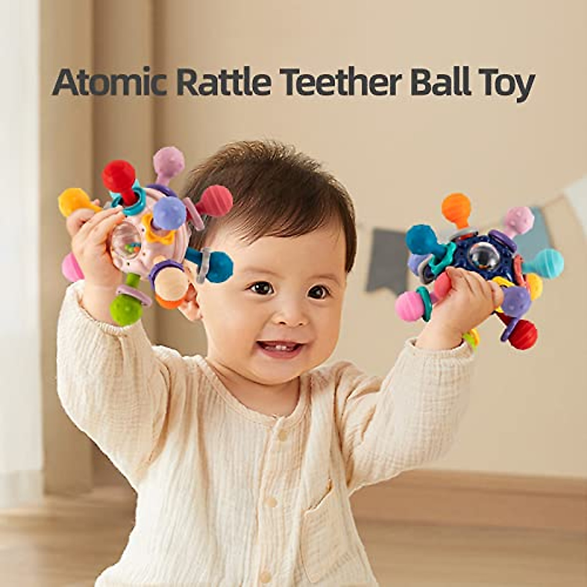 Baby Sensory Teething Toys, Atomic Ball Chew Toys Rattle & Teether Grasping Activities Infant Toy for 0 6 12 Months Boys & Girls Gift(Pink)