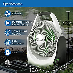 Lasko Portable Fan, 18V Lithium Ion Battery, Bonus Adapter for Electric Plug-in Use, Lasts up to 15 Hours, 5 Quiet Speeds, for Camping, Tailgating, Patio and Outdoor Use, 17", White, RB200