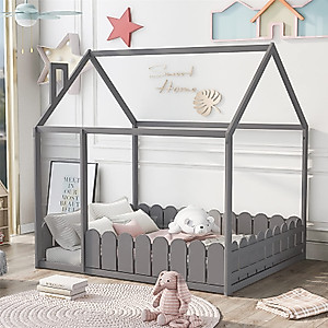 Kids House Beds, Full Floor Bed with Fence Wood Cabin Bed Frame Can be Decorated for Teens, Girls, Boys, Adults, Gray