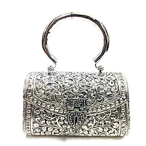 Indian Brass Clutch Silver white clutches Vintage Handmade Brass metal purse Hand clutch Handbag for women party Bride marriage clutch