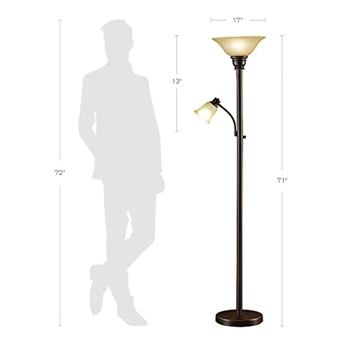 Catalina 18223-002 Transitional Metal Uplight Floor Lamp with Reading Light and Glass Shades, 71", Bronze