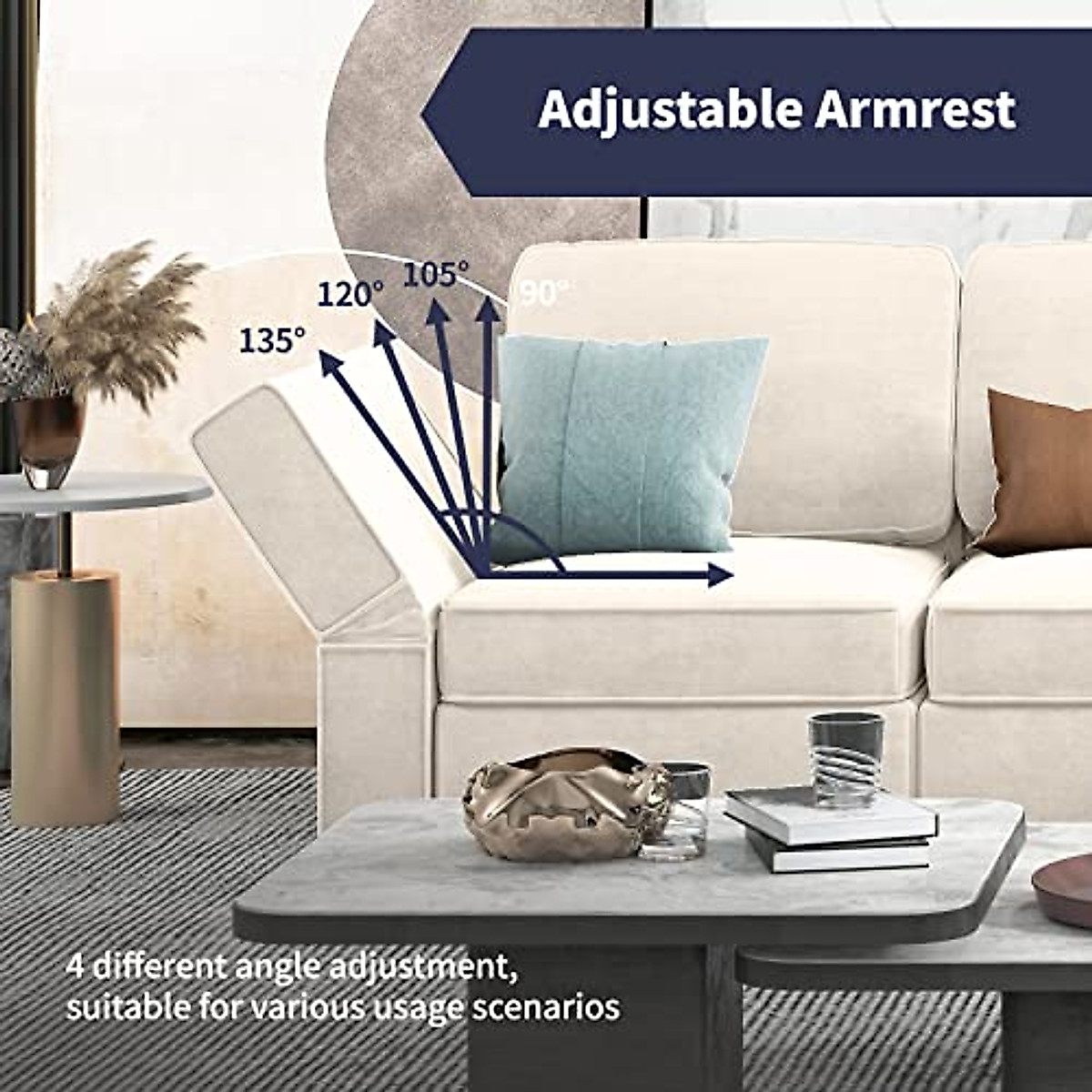 ZAFLY Sectional Sofa, 4 Seat Convertible Modular Beige Couch with Adjustable Backrest and Armrests I Shaped Sleeper Comfy Couch for Living Room