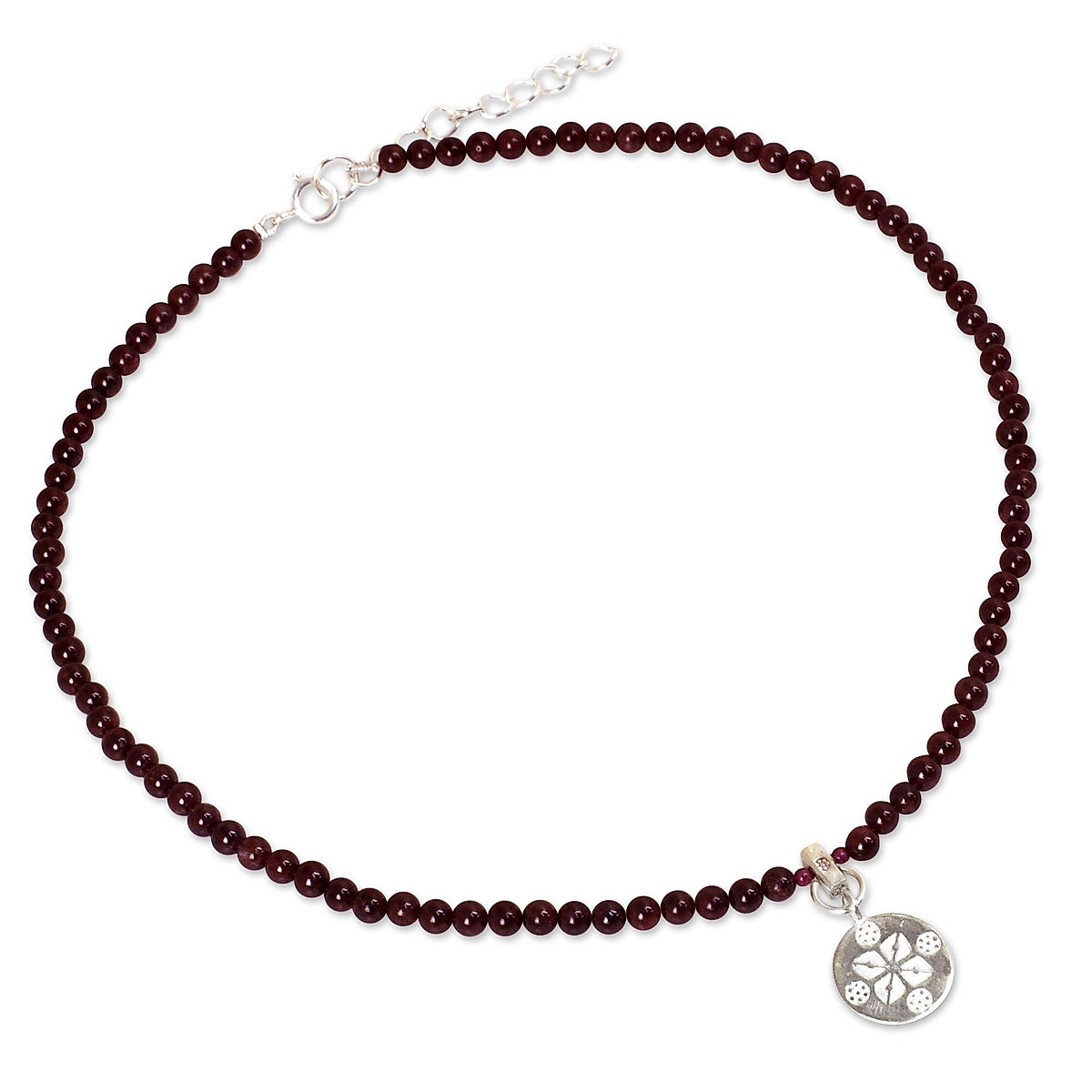 NOVICA Artisan Handmade Garnet Pendant Necklace .925 Sterling Silver Choker Red Beaded Thailand Sangria Birthstone 'Lucky Charm'