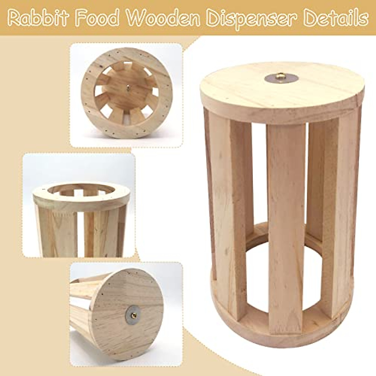 Tfwadmx Rabbit Hay Feeder Rack Wooden Food Manger Grass Holder Cylindrical Feeding Hay Mange for Guinea Pigs Bunny Chinchilla Hamster Small Animals