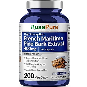 NusaPure French Maritime Pine Bark Extract 400mg per Veggie Caps 200-Day Supply Bioperine Non-GMO Vegan