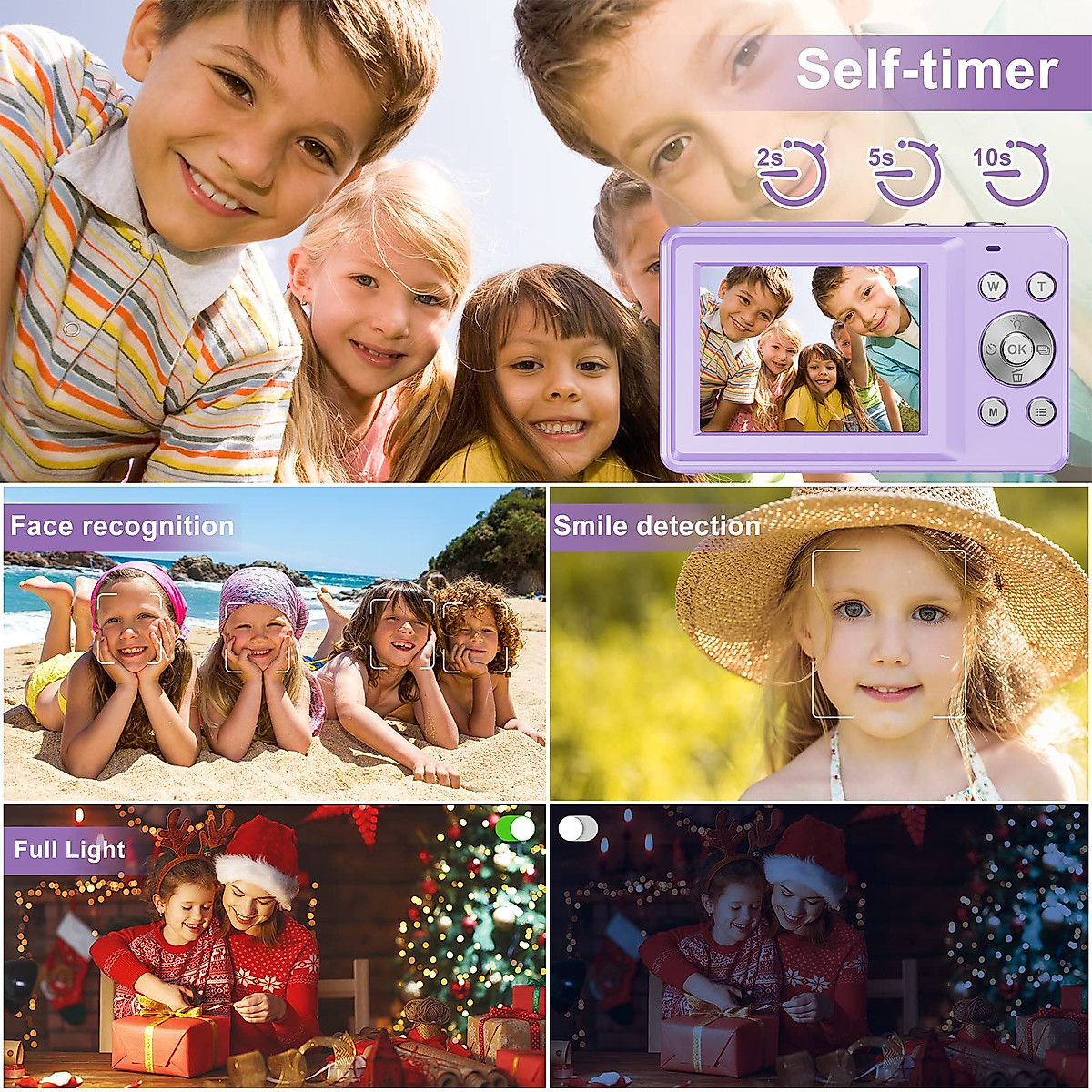 Digital Camera, FHD 1080P Digital Camera for Kids Video Camera with 32GB SD Card 16X Digital Zoom, Compact Point and Shoot Camera Portable Small Camera for Teens Students Boys Girls Seniors(Purple)