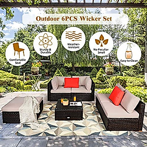 Tangkula 6 Piece Patio Furniture Set, Outdoor Deck Lawn Backyard Durable Steel Frame PE Rattan Wicker Sectional Sofa Set, Conversation Set with Coffee Table (Beige)