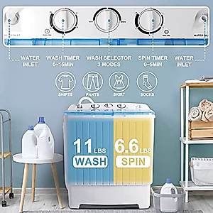 SUPER DEAL 2IN1 Portable Washing Machine 17.6lbs Mini Twin Tub Compact Laundry Washer Spinner Cycle Combo for Apartment, Camping, Dorms and RV, Timer Control, Gravity Drain and Inlet Water Hose