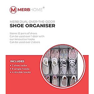 MERB Home 2 Pack Shoe Storage Organizer with Innovative Hook - Hang 2 Racks on 1 Door or on different Doors - Hanging Door Rack- 12 Pockets - Foldable Hanging Storage Organizer (3 Rows of pockets)