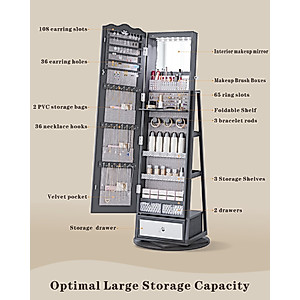 Dystler Full-Length Mirror Jewelry Cabinet: 360°Swivel Jewelry Armoire Cabinet with LED Lights - Built in Vanity Mirror Lockable Standing Jewelry Organizer with Large Capacity Shelves& Drawer Grey