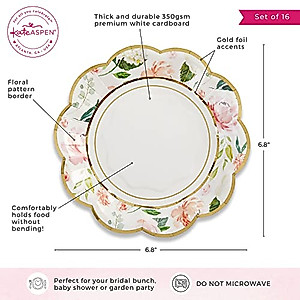 Kate Aspen Pink Floral 7 in. Decorative Premium Paper Plates (350 GSM weight -Set of 16) - Perfect for Bridal Showers and Weddings,