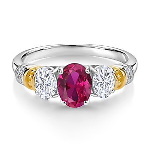 925 Sterling Silver and 10K Yellow Gold Oval Red Created Ruby White Moissanite and White Diamond 3 Stone Ring For Women (2.38 Cttw, Gemstone July Birthstone, Available In Size 5, 6, 7, 8, 9)
