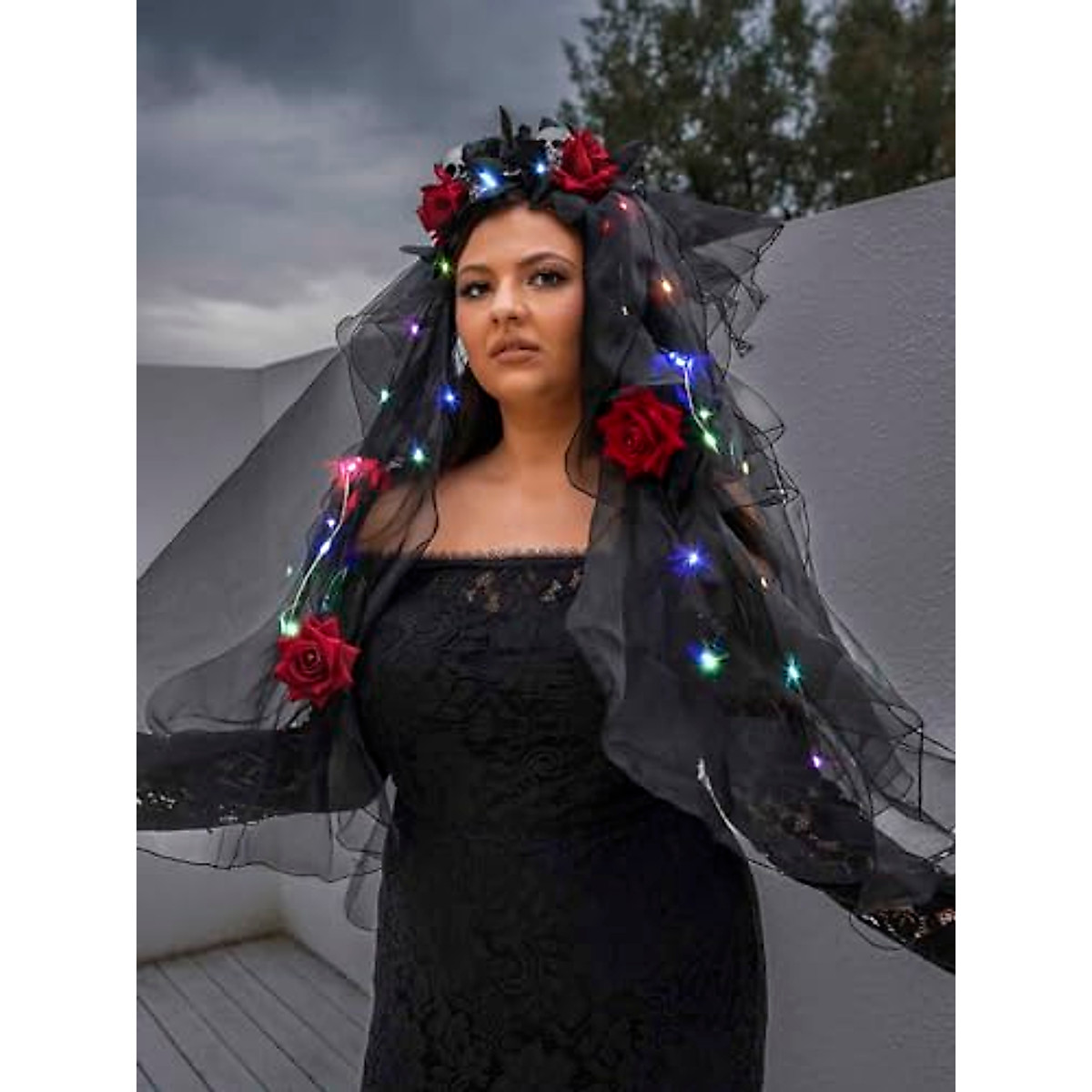 Zoestar Light Up Day of the Dead Headband Flower Halloween Costume Hair Bands Skull Veil Hair Accessory Women