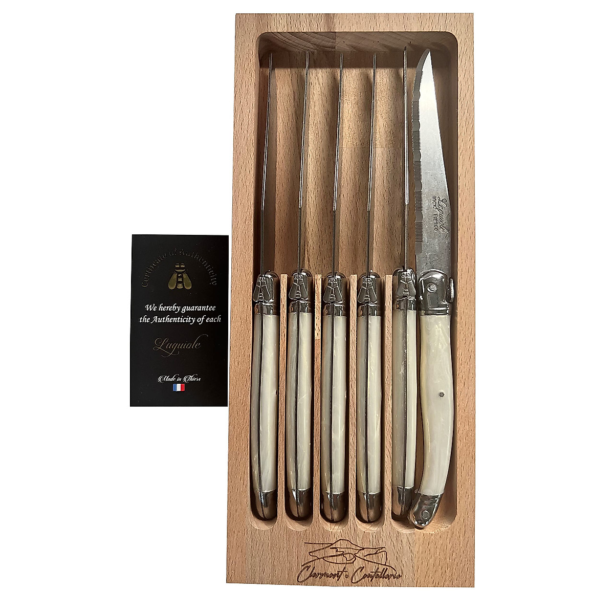 Laguiole Serrated Edge Sharp Premium Dishwasher Safe Full Tang Stainless Steel 6-Piece Steak Knife Set, Shiny Cream Handle by Clermont Coutellerie