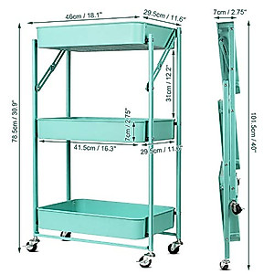 Todeco 3 Tier Foldable Plastic Rolling Storage Utility or Kitchen Cart ,Folding Mobile Trolley Storage Organizer with Wheels for Office Bathroom Bedroom,Free Assembly,Green