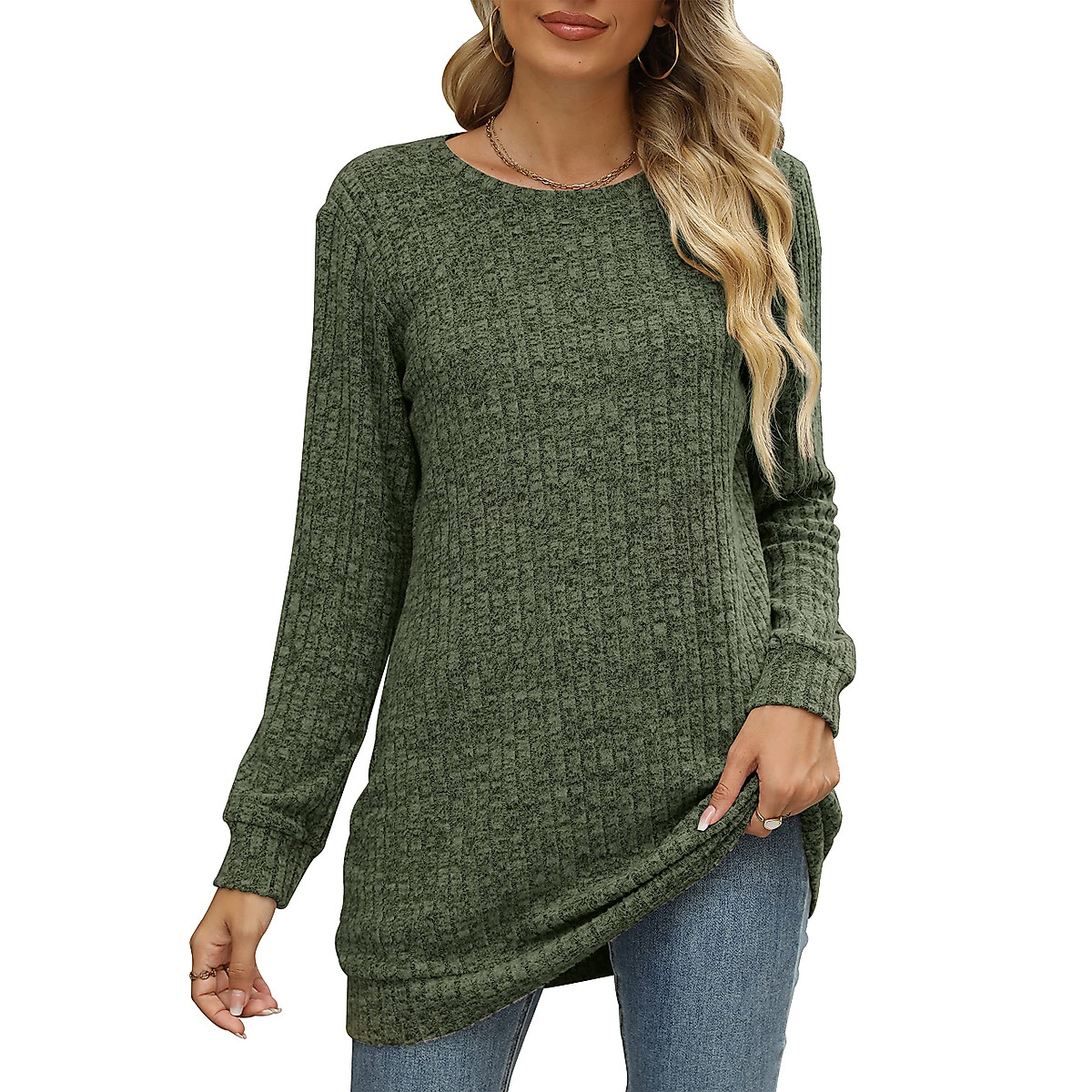 Auremore Fall Tops for Women Long Sleeve Crewneck Oversized Sweaters for Women Trendy Green