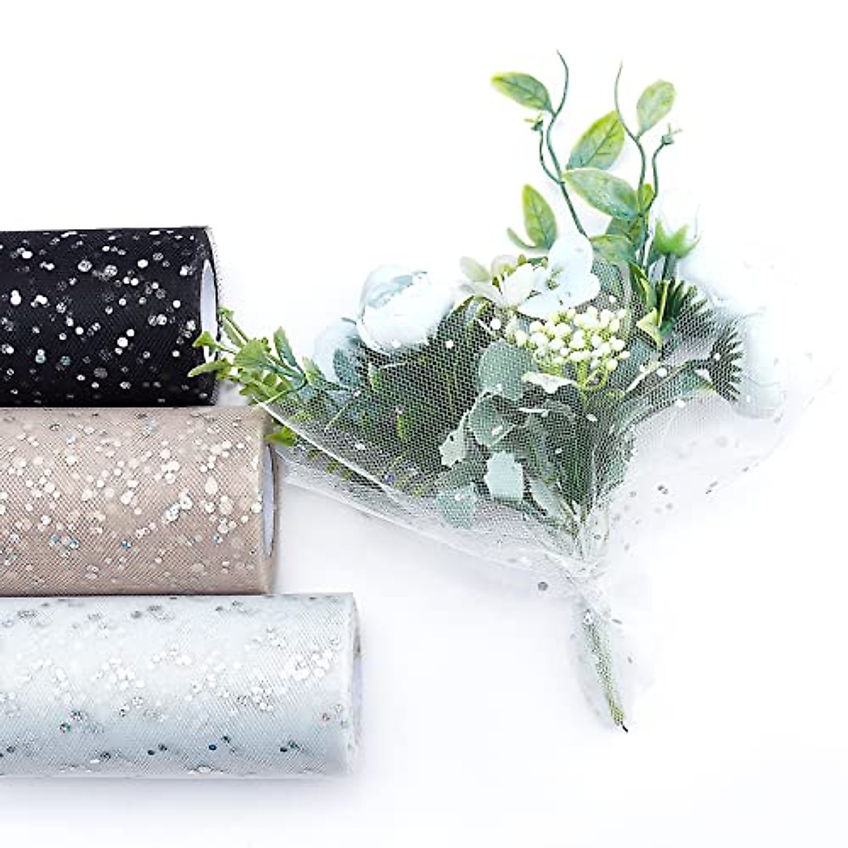 BENECREAT 2 Rolls Glitter Sequin Tulle Netting Fabric Tulle 6" by 25 Yard for Wedding Party Decoration, Tutu Skirts Sewing Crafting - Black