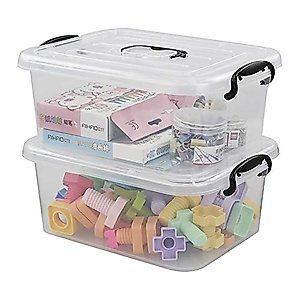 Xowine 8 L Plastic Storage Boxes, Clear Storage Bin with Black Handle, 2-Pack