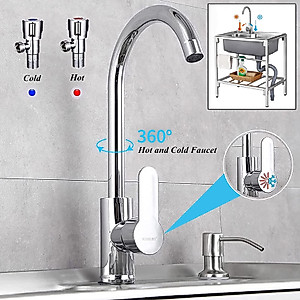 Utility Sink Stainless Steel Commercial Kitchen Sink 1 Compartment Free Standing Sink Unit with Cold and Hot Faucet for Outdoor Laundry Room Bar Restaurant Catering 27"