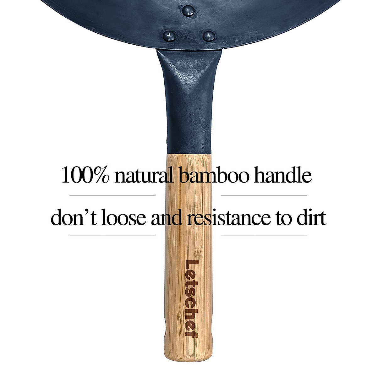 Letschef Preseasoned Carbon Steel Wok 14 Inches Hand Hammered Chinese Traditional Wok and Stir Fry Pan Round Bottom with Bamboo Handle PFOA Free Cookware
