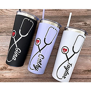 22 oz Nurse Personalized Stainless Steel Tumbler with Custom Stethoscope Vinyl Decal by Avito - Includes Straw and Lid - Nurse RN - Nurse Gift
