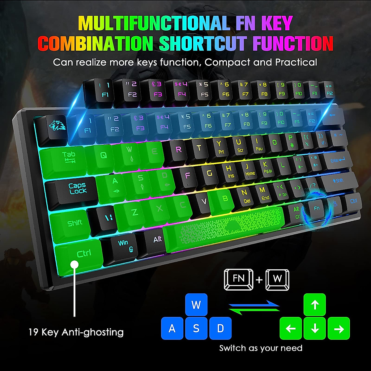 ZIYOU LANG K61 60% Gaming Keyboard Mini Portable with Rainbow RGB Backlit Ergonomic 62Key Layout 19Key Anti-ghosting Mechanical Feel Waterproof USB Wired for PC Mac Windows Gamer Laptop Typists(Black)