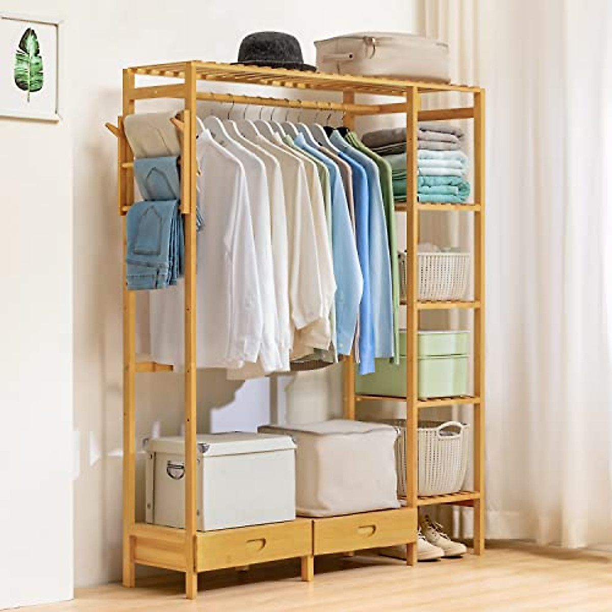 MoNiBloom Bamboo Free-standing Closet Organizer with Pants Scarves Racks and a Hanging Rob, Extra 5 Clothing Storage Shelving and 2 Drawers for Bedroom Living Room, Natural