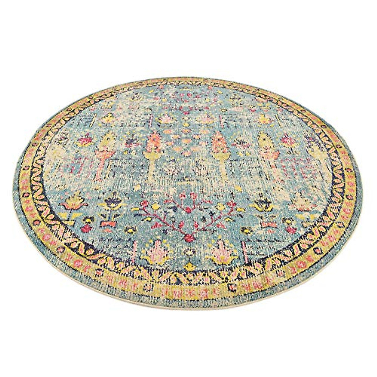 Unique Loom Monterey Collection Vintage Bohemian Inspired with Distressed Tribal Design Area Rug, Round 8' 0" x 8' 0", Blue/Yellow