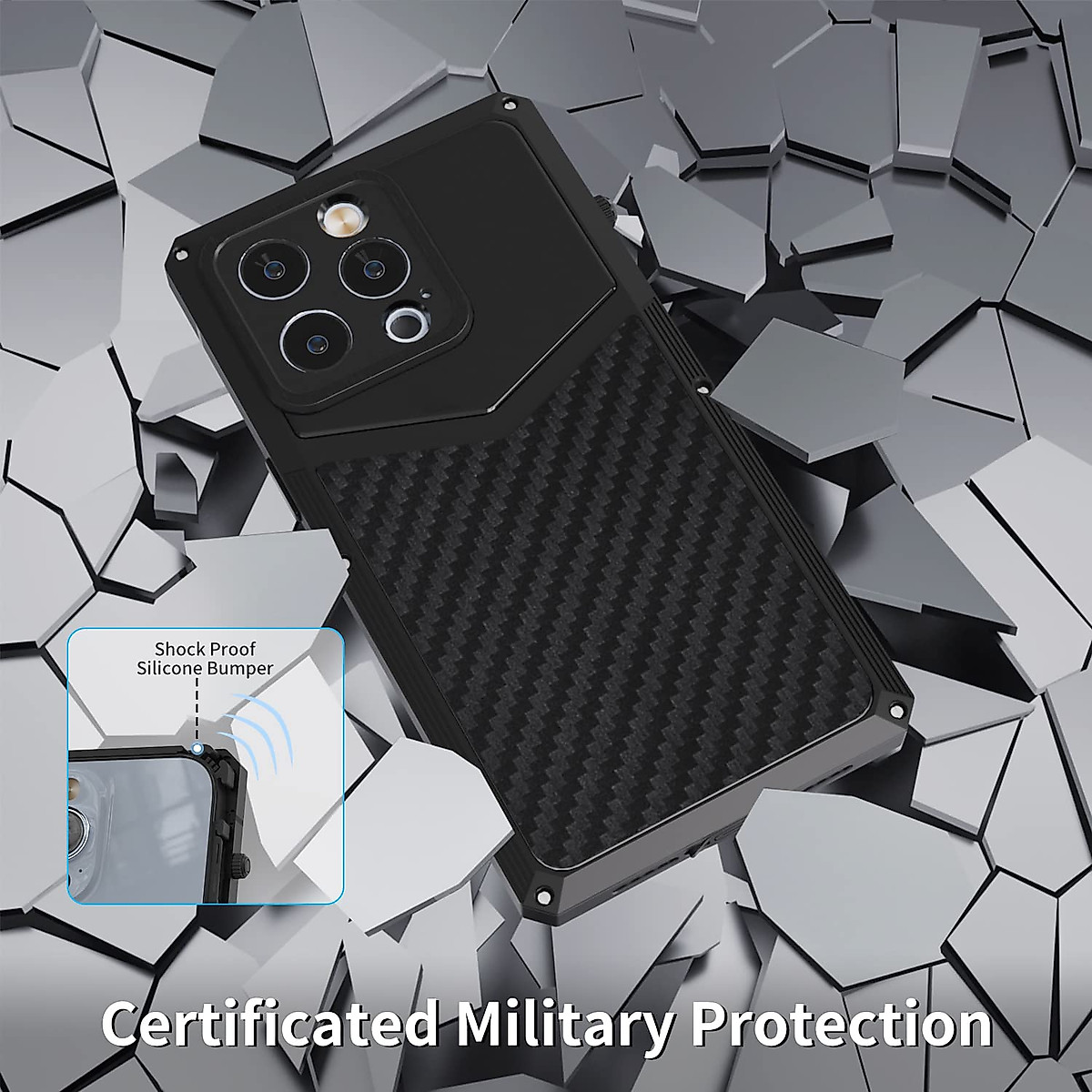DGYSG Luxury Carbon Fiber with Aluminum Case for iPhone 14 Pro Max 6.7", Military Shockproof Protective Armor Phone Cover with Screen Protector Full Body Heavy Duty Drop Protection for Men Black