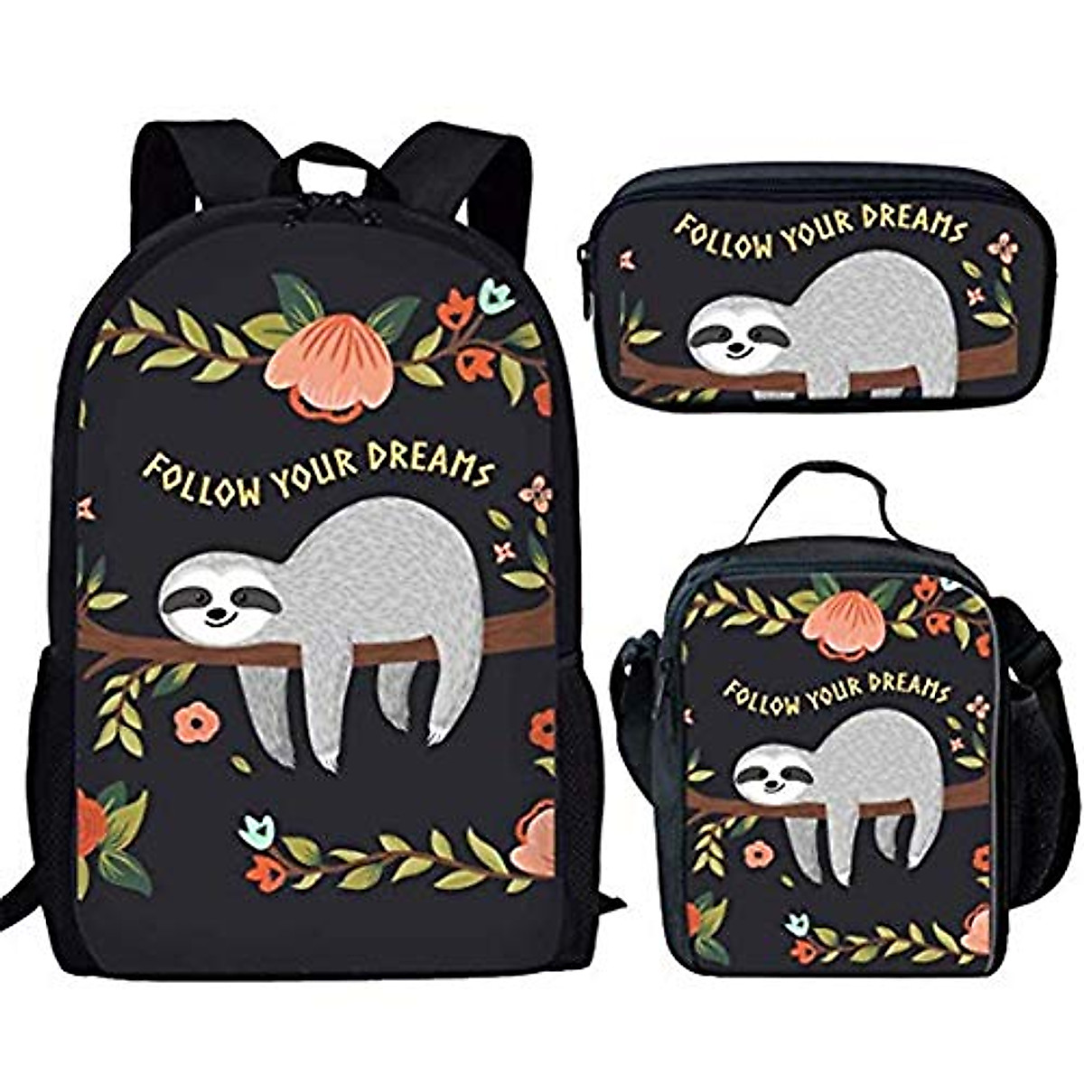 Coloranimal 3 Piece Set School Backpacks for Children Funny Floral Sloth Bookbag+Insulated Food Box+Zip Closure Pencil Case