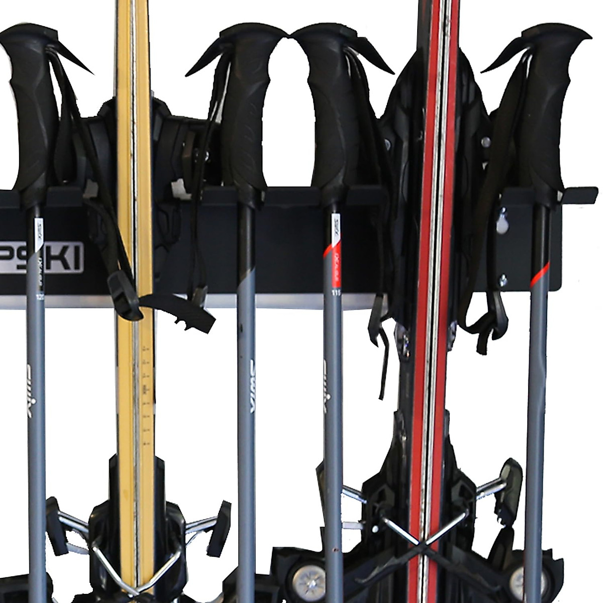 TRAPAWAY Wall Rack | Holds 4 pair of Skis or Snowboard by Bindings | Garage Organizer for Yard Tools, Gear & Equipment | Aluminum | No Moving Parts to break or pinch | Made in the USA (Black Quad)