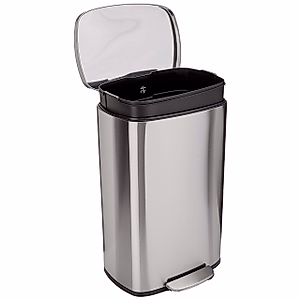 Amazon Basics 50 Liter / 13.2 Gallon Soft-Close, Smudge Resistant Trash Can with Foot Pedal - Brushed Stainless Steel, Satin Nickel Finish