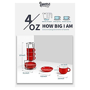 Sweese 4 Ounce Porcelain Stackable Espresso Cups with Saucers and Metal Stand Set of 4, Red - 405.404