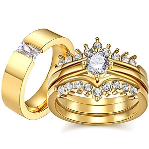 ringheart 2 Rings Couple Rings Three stone Yellow Gold Plated Cz Womens 3pcs Wedding Ring Sets Titanium Steel Men Wedding Bands