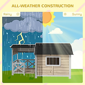PawHut Wooden Dog House Outdoor with Porch, Raised Pet Kennel for Medium Large Dogs, with Asphalt Roof, Front Door, Side Windows, Gray