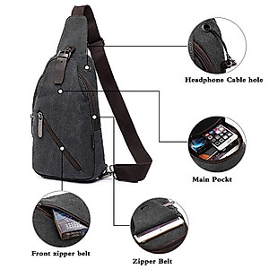 Hebetag Canvas Sling Crossbody Bag Daypack for Men Women Outdoor Travel Casual Shoulder Chest Backpack Bags Day Pack Hunting Hiking Camping Black Gray